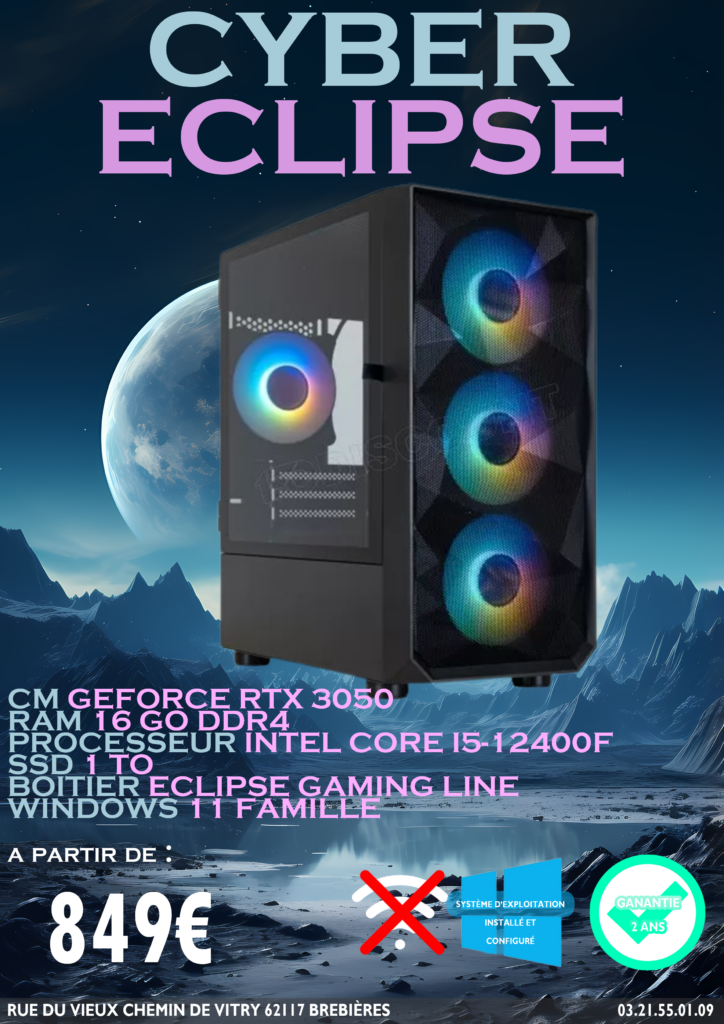 Unité Centrale Gaming Line - Eclipse Intel Core i5-12400F, Ram 16go PC4-25600 (3200 Mhz), ssd ...